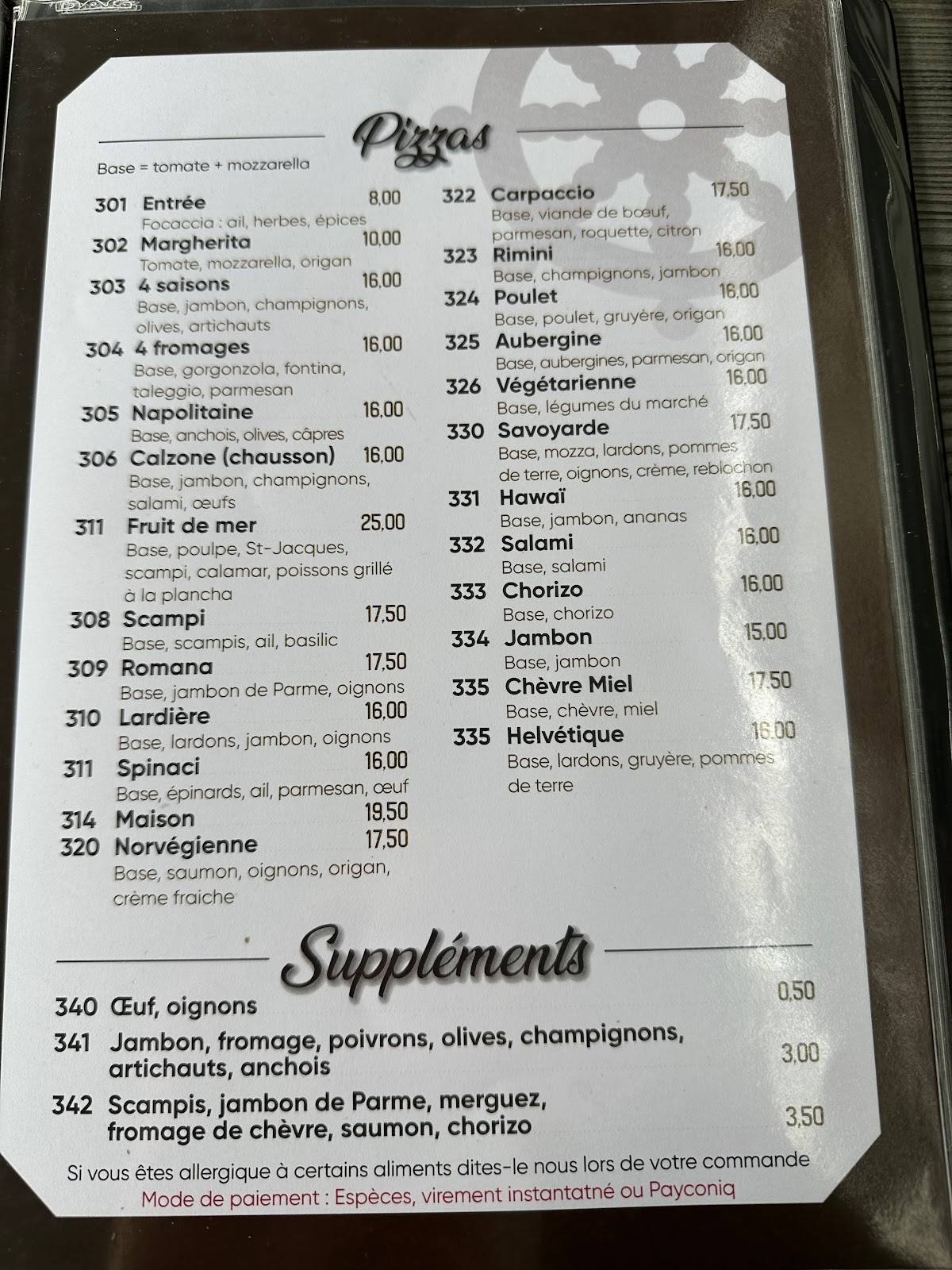 Menu au Restaurant-pizzeria Monte Cristo, Tournai