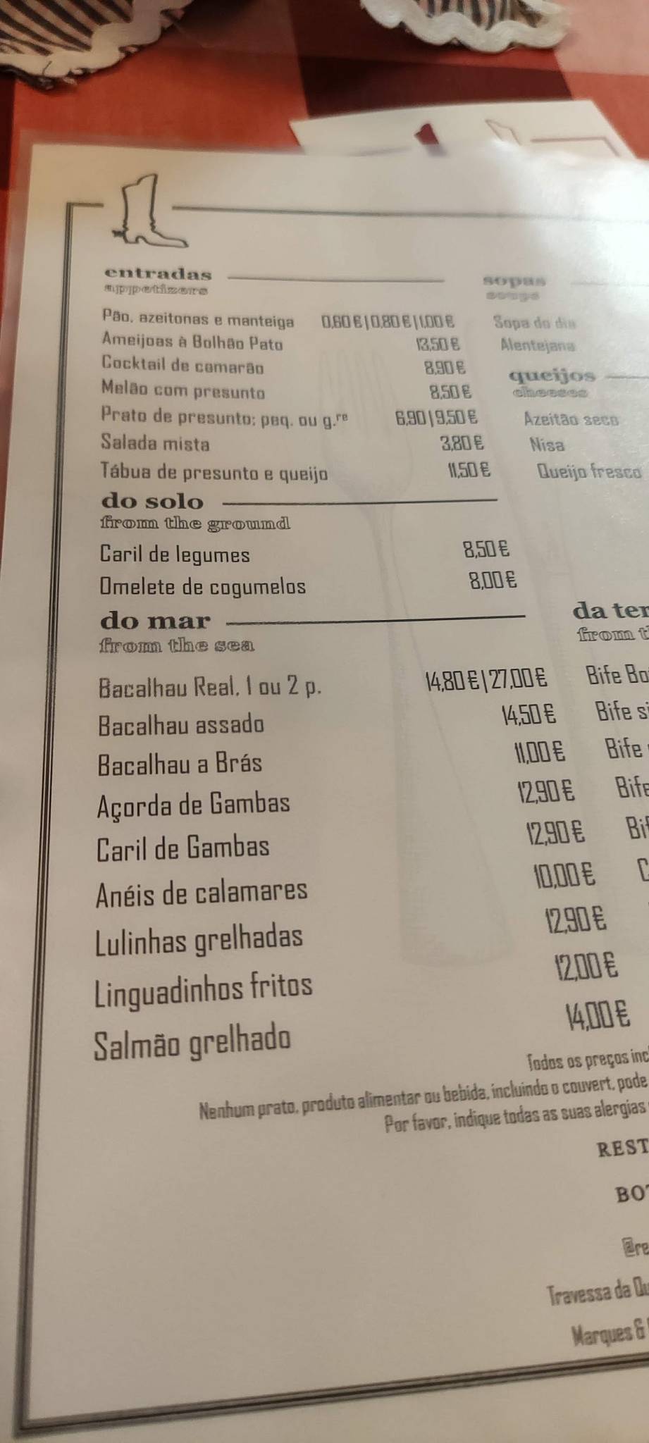 Menu at Restaurante Bota Alta, Lisbon