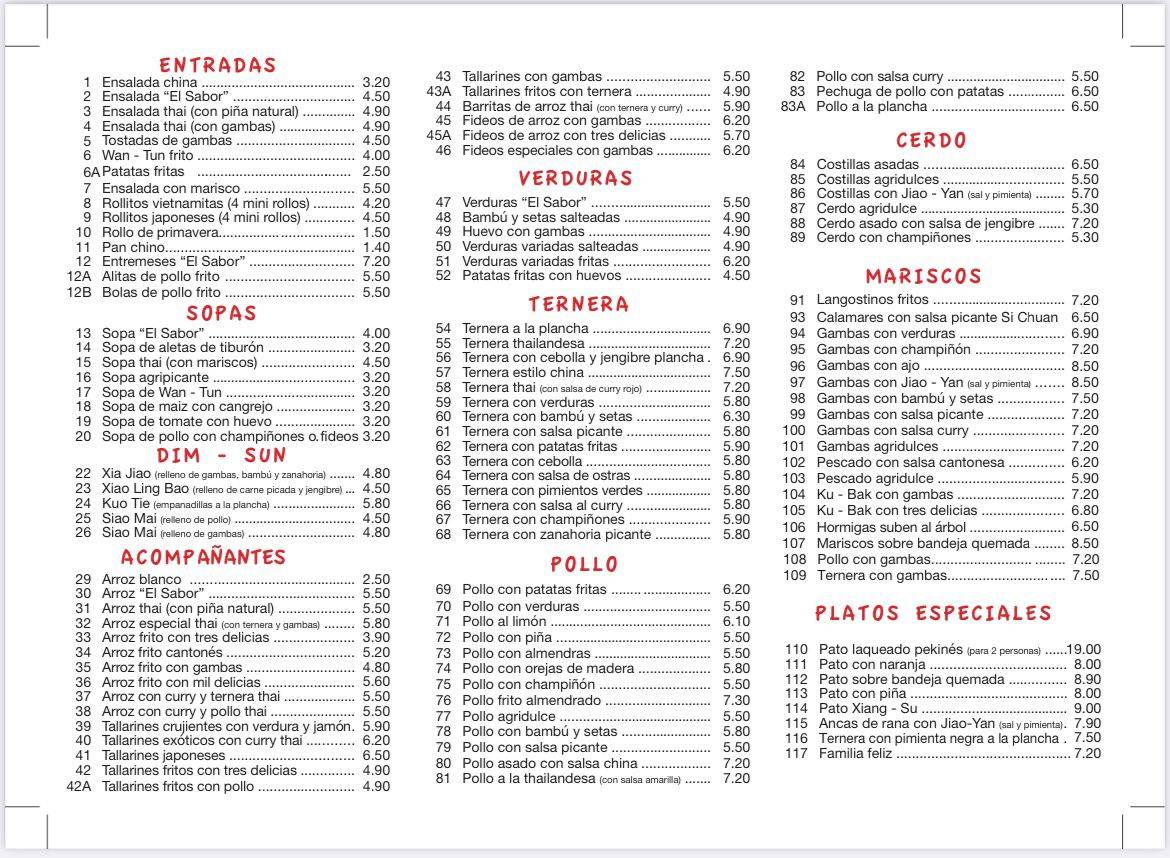 Carta de Restaurante Chino El Sabor, Fuente el Saz de Jarama