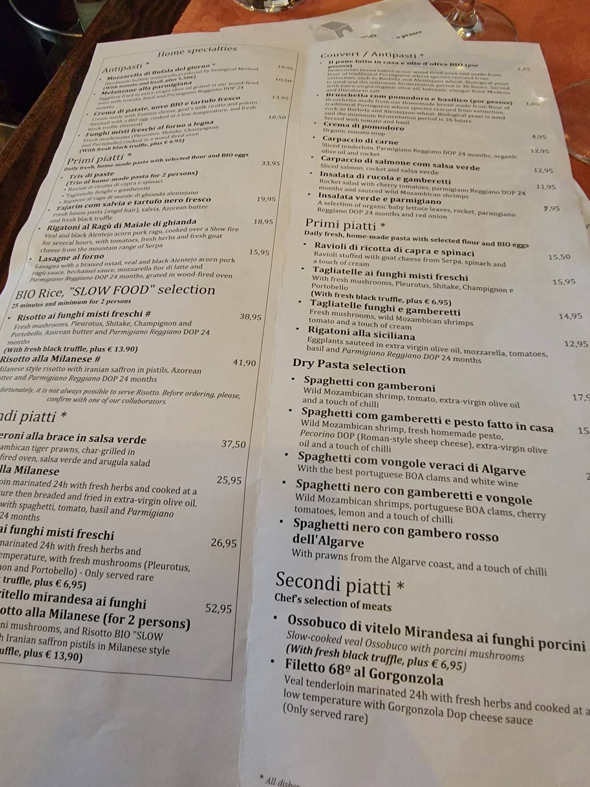 Menu at Restaurante Come Prima, Lisbon