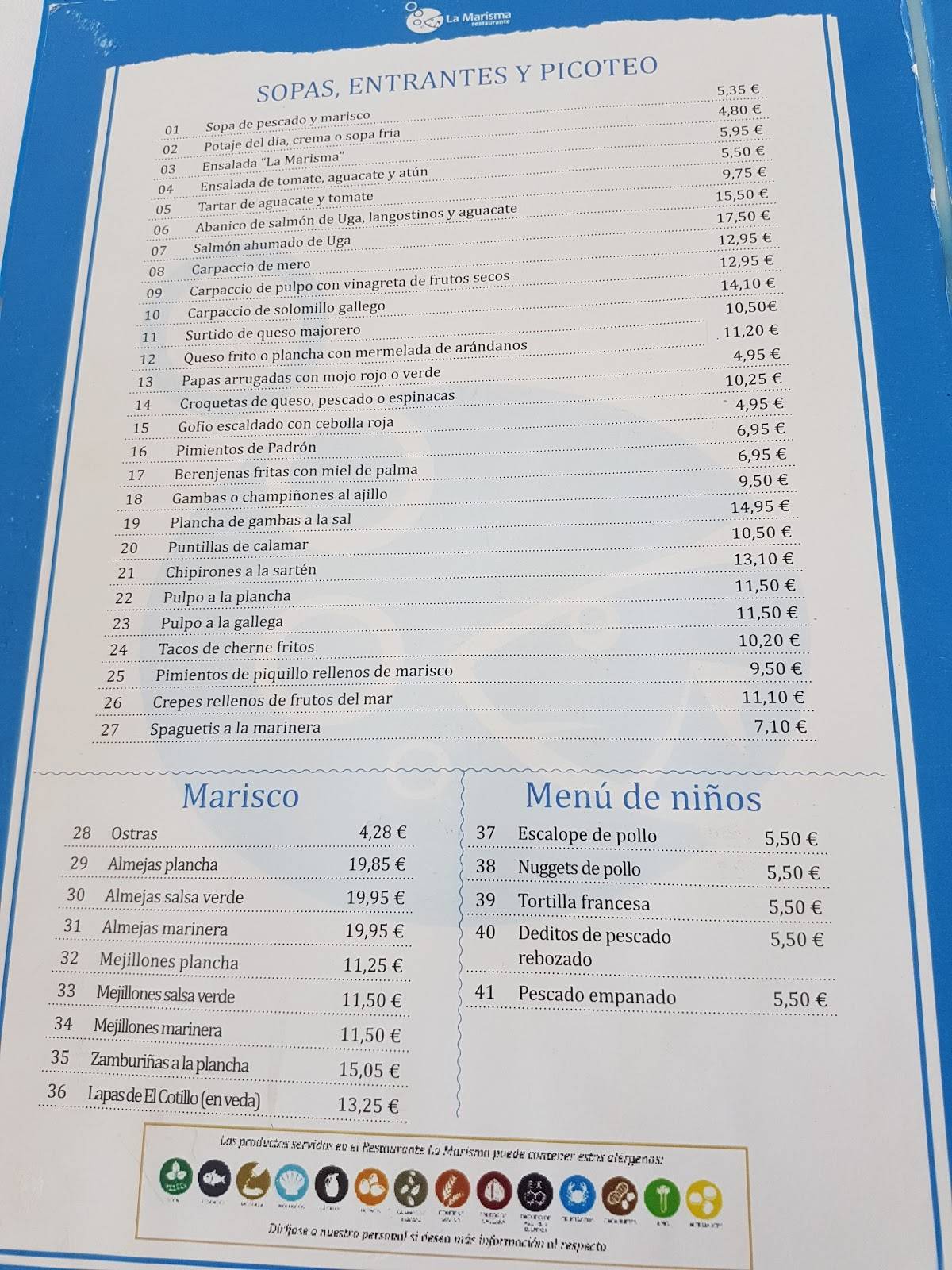 Menu at Restaurante La Marisma de Mariquita Hierro, El Cotillo