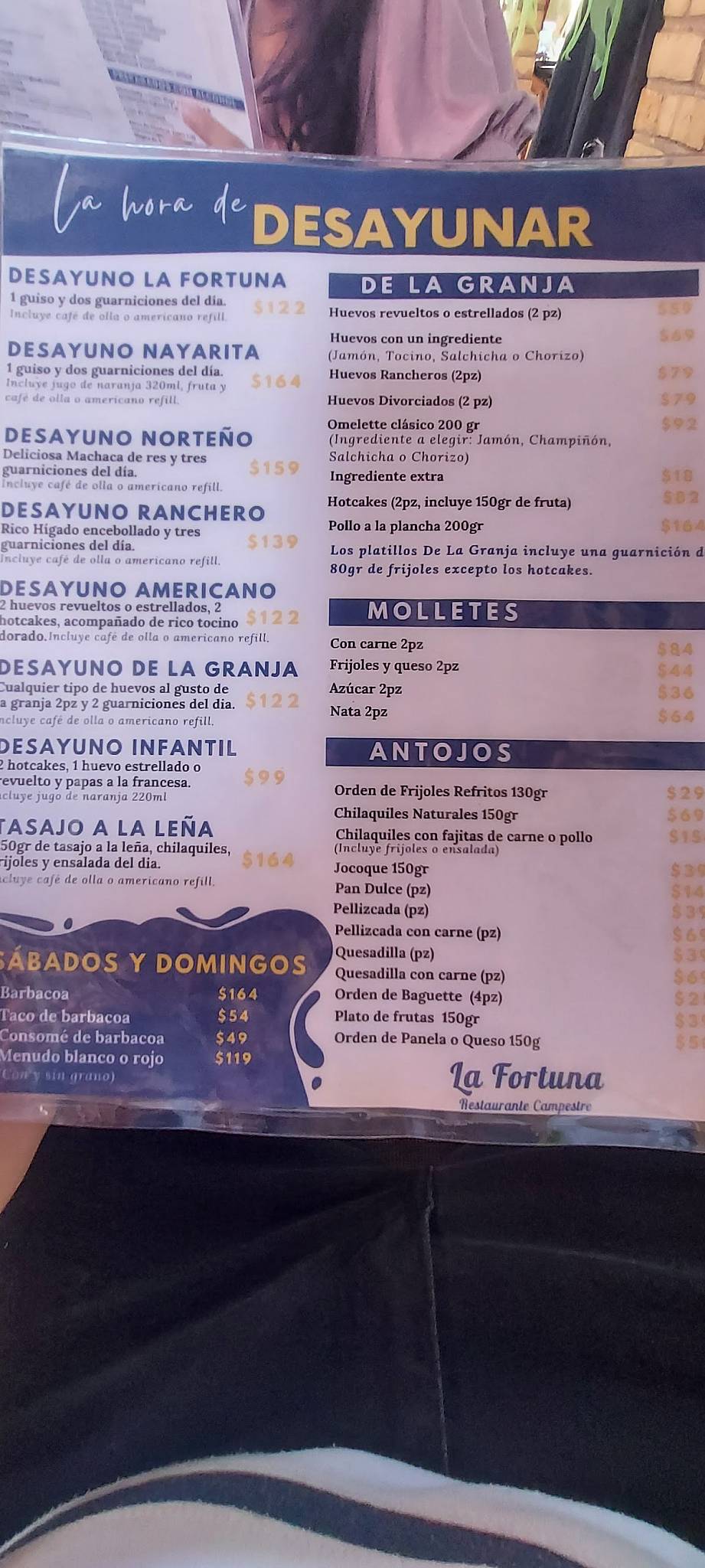 Carta de Restaurante campestre La fortuna, Tepic