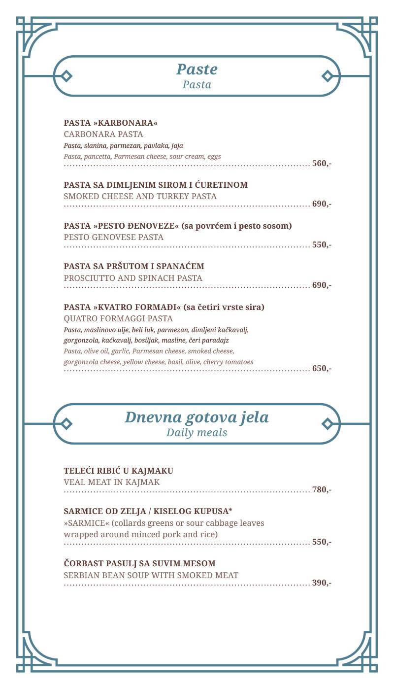 Menu au Restoran Varoš Kapija restaurant, Belgrade