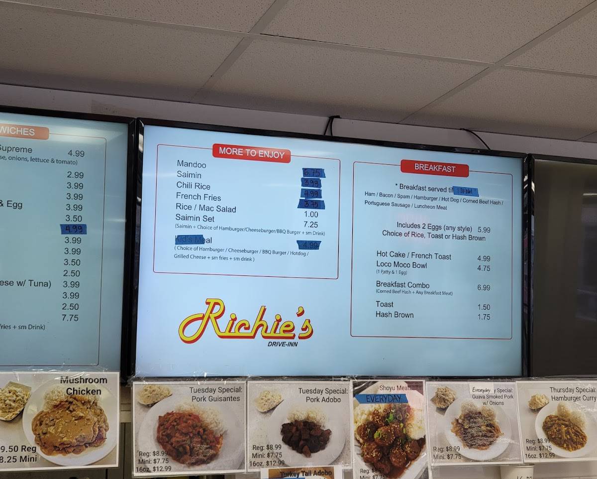 Menu at Richie's Drive Inn restaurant, Honolulu