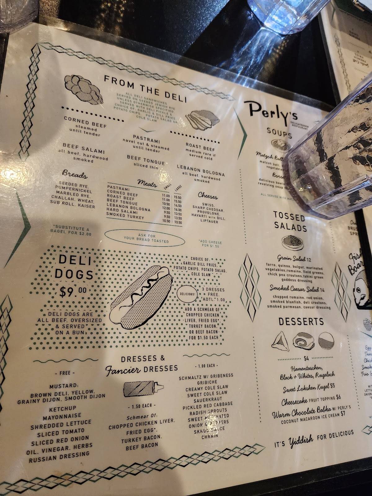 Menu at Perly's restaurant, Richmond