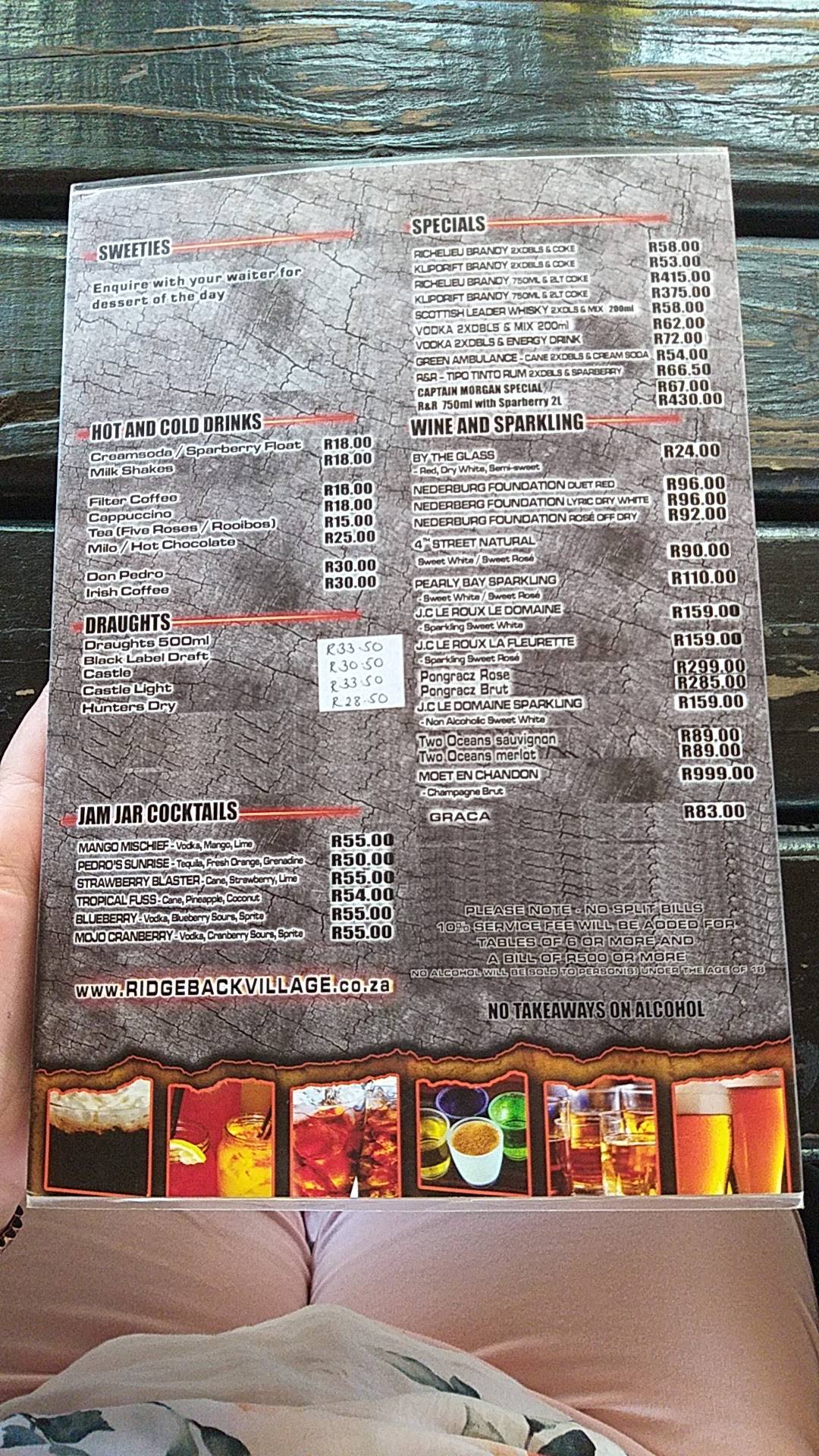 Menu at Ridgeback Village Restaurant, Pretoria, 129 South St