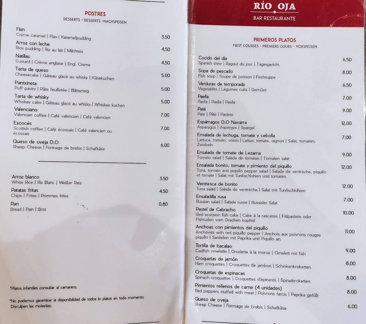 Menu at Rio-Oja Restaurant, Bilbao