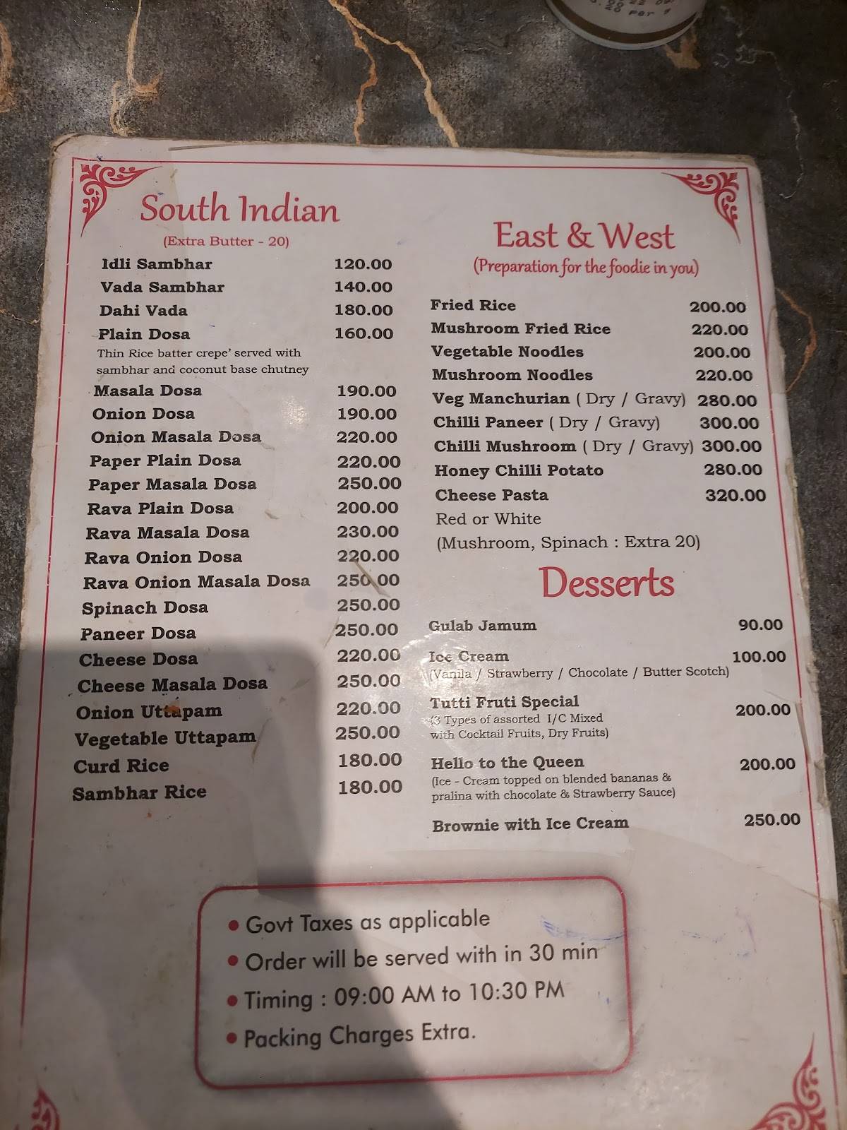 Menu at Uttar Dakshin, Rishikesh