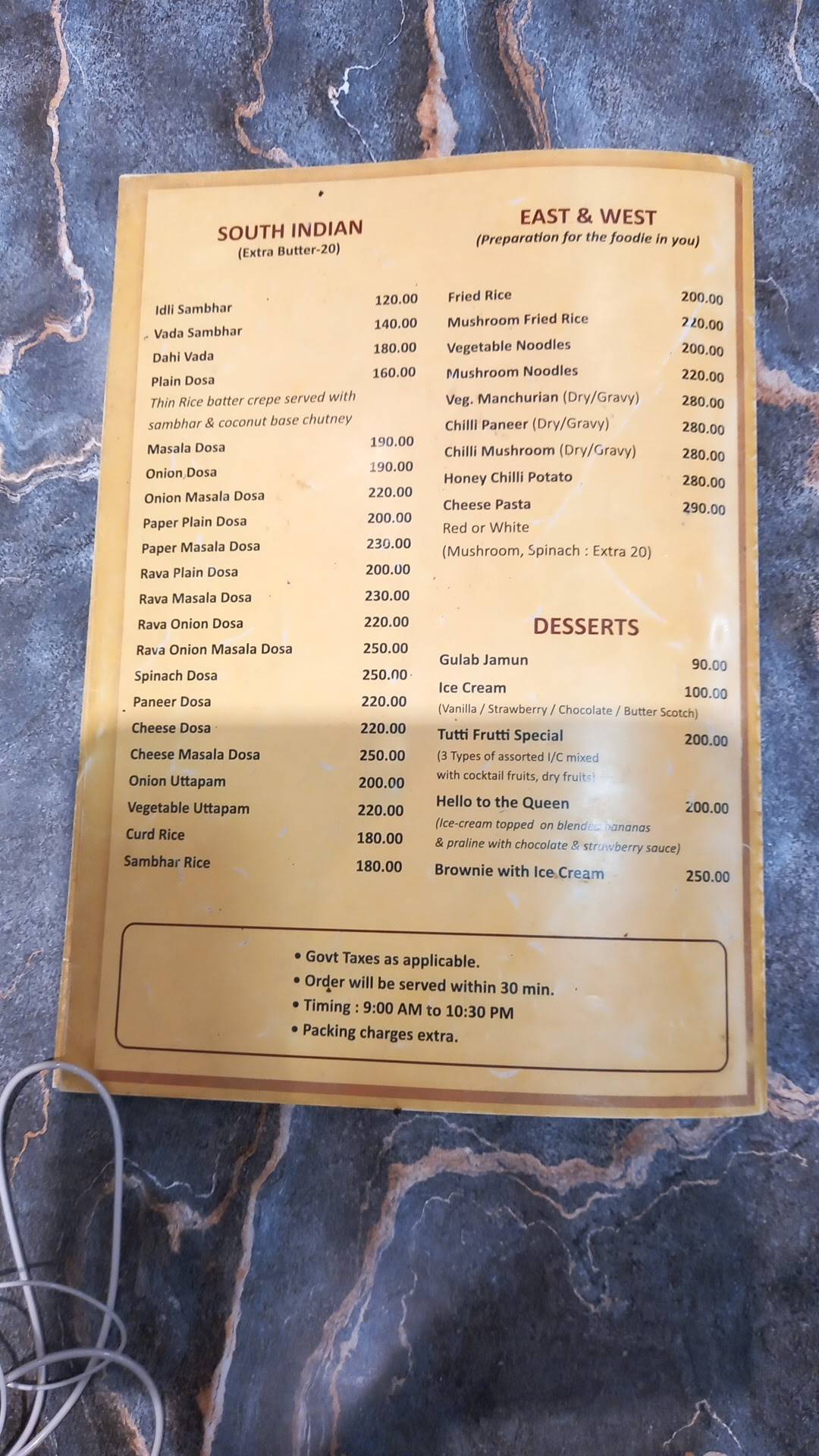 Menu at Uttar Dakshin, Rishikesh
