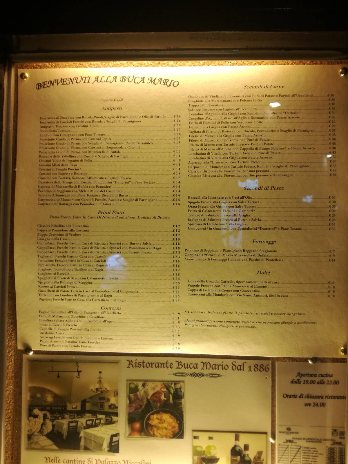Menu at Ristorante Buca Mario, Florence