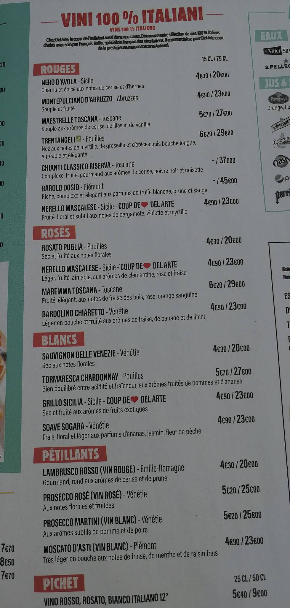 Menu au Del Arte restaurant, Roques