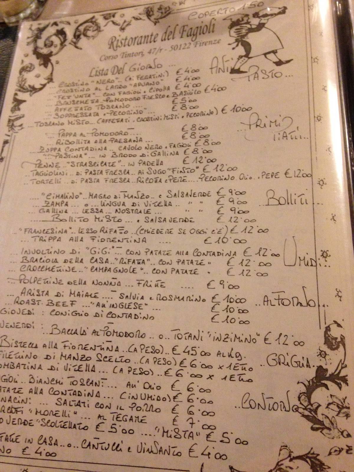 Menu at Ristorante del Fagioli, Florence, Corso dei Tintori