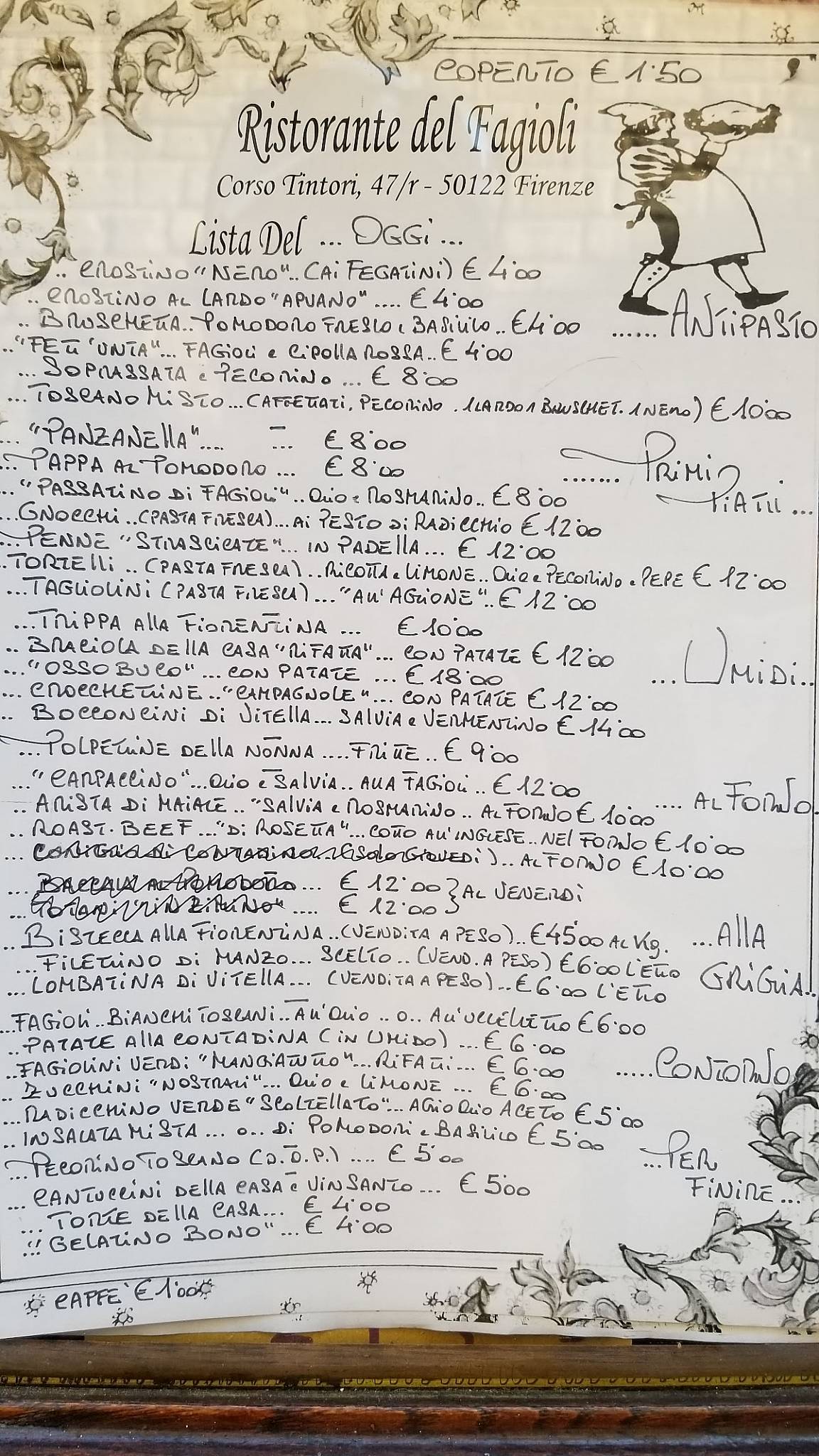 Menu at Ristorante del Fagioli, Florence, Corso dei Tintori