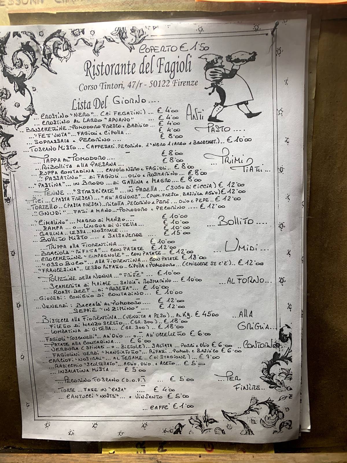 Menu at Ristorante del Fagioli, Florence, Corso dei Tintori