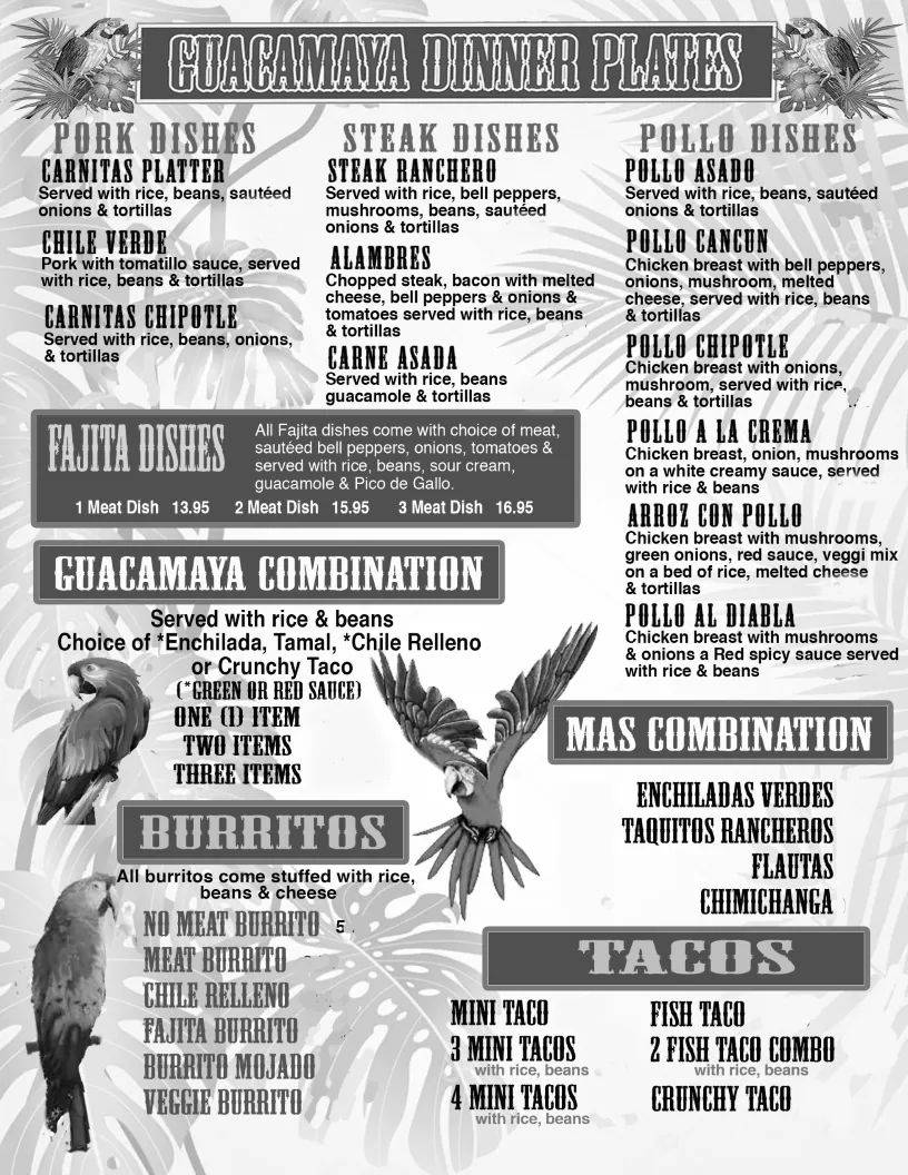 Menu at Taqueria La Guacamaya restaurant, Rogue River, Rogue River Hwy