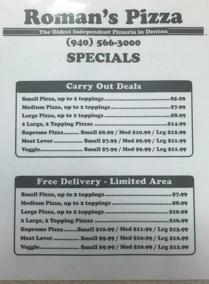 Menu at Roman's Pizza pizzeria, Denton, N Elm St #200