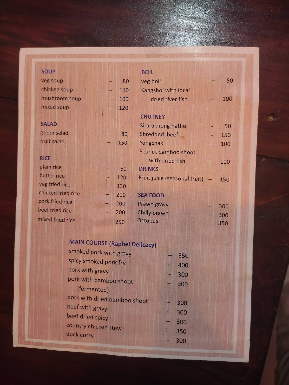 Menu at Roots, Imphal