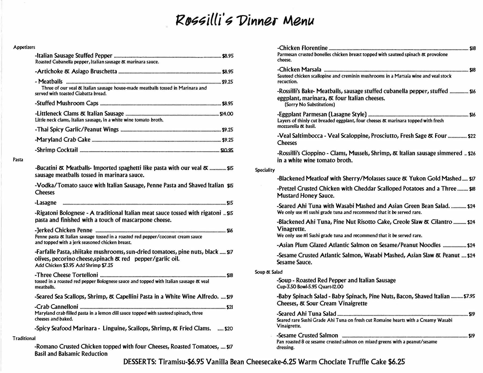 Menu at Rossilli's Restaurant, Findlay
