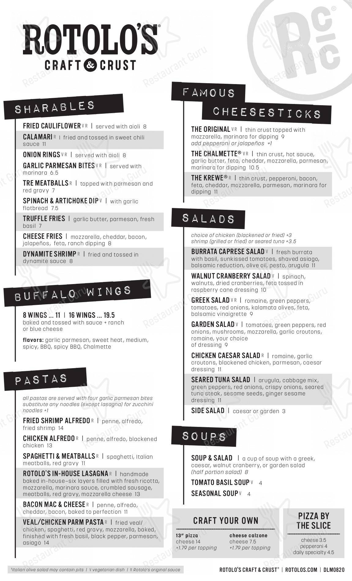 Carta de pizzería Rotolo's Craft & Crust, Ruston