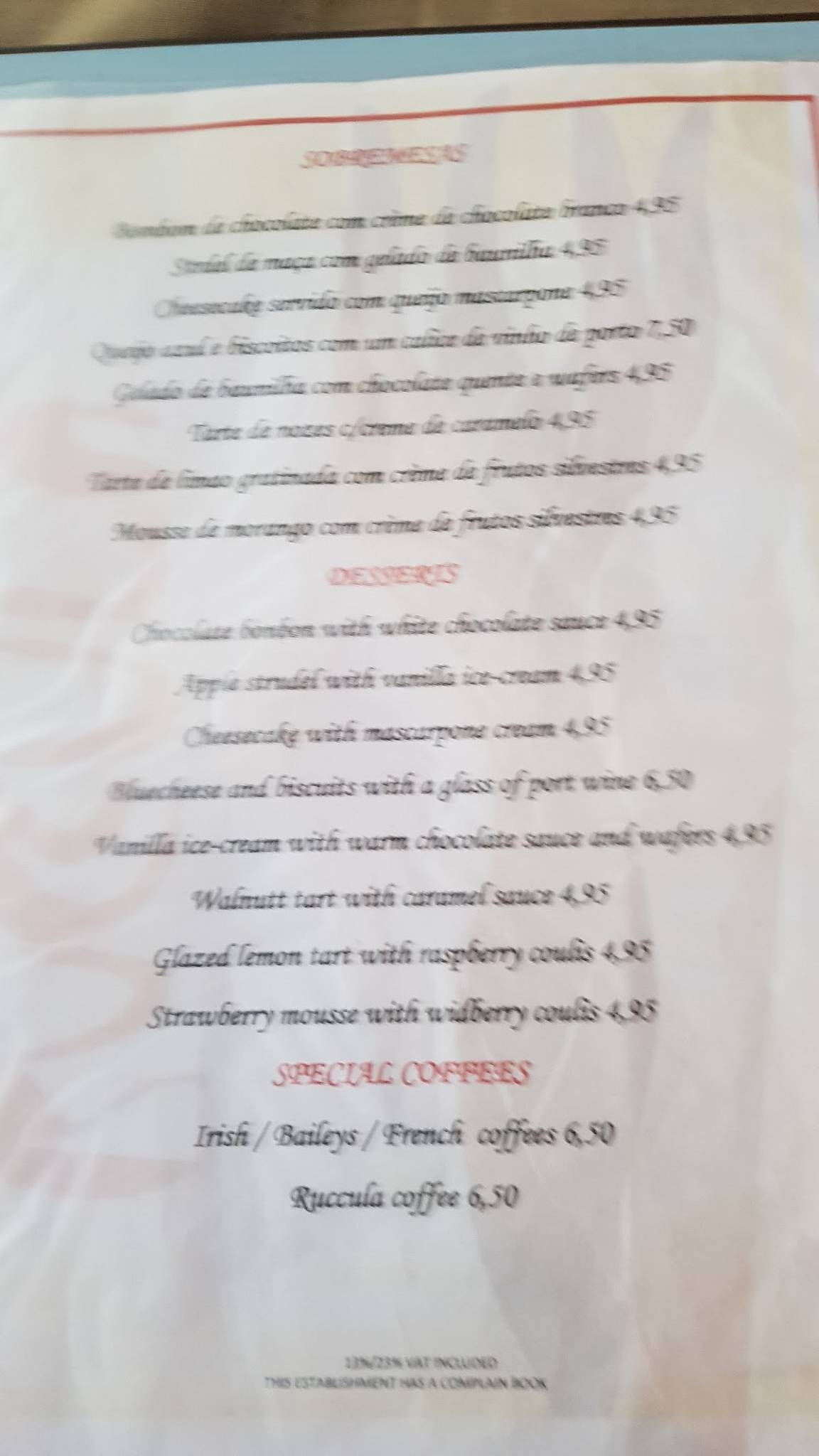 Menu at Ruccula restaurant, Alvor