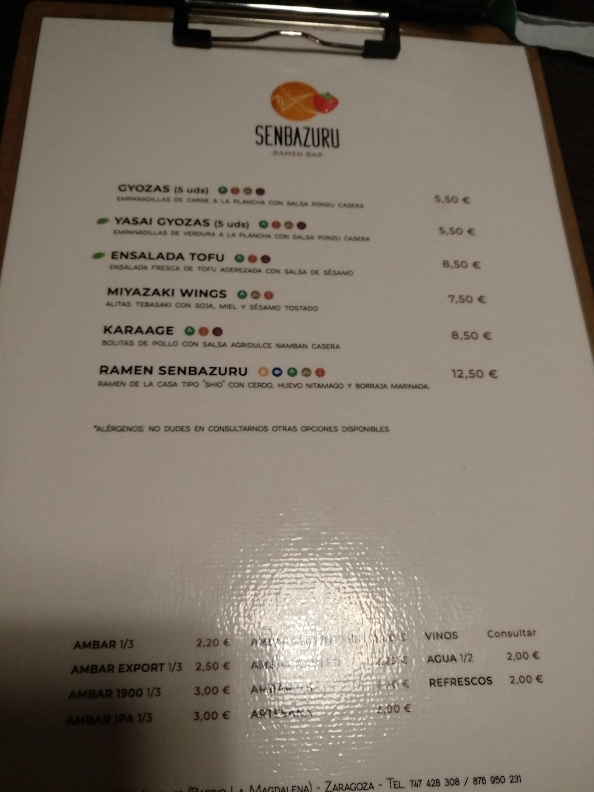 Carta de SENBAZURU RAMEN BAR, Zaragoza
