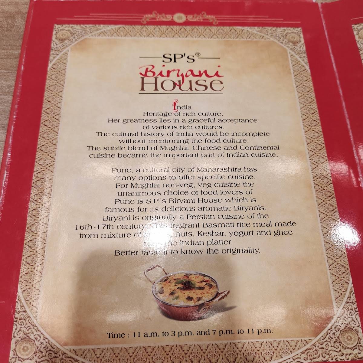 Menu at SP's Biryani House, Pune