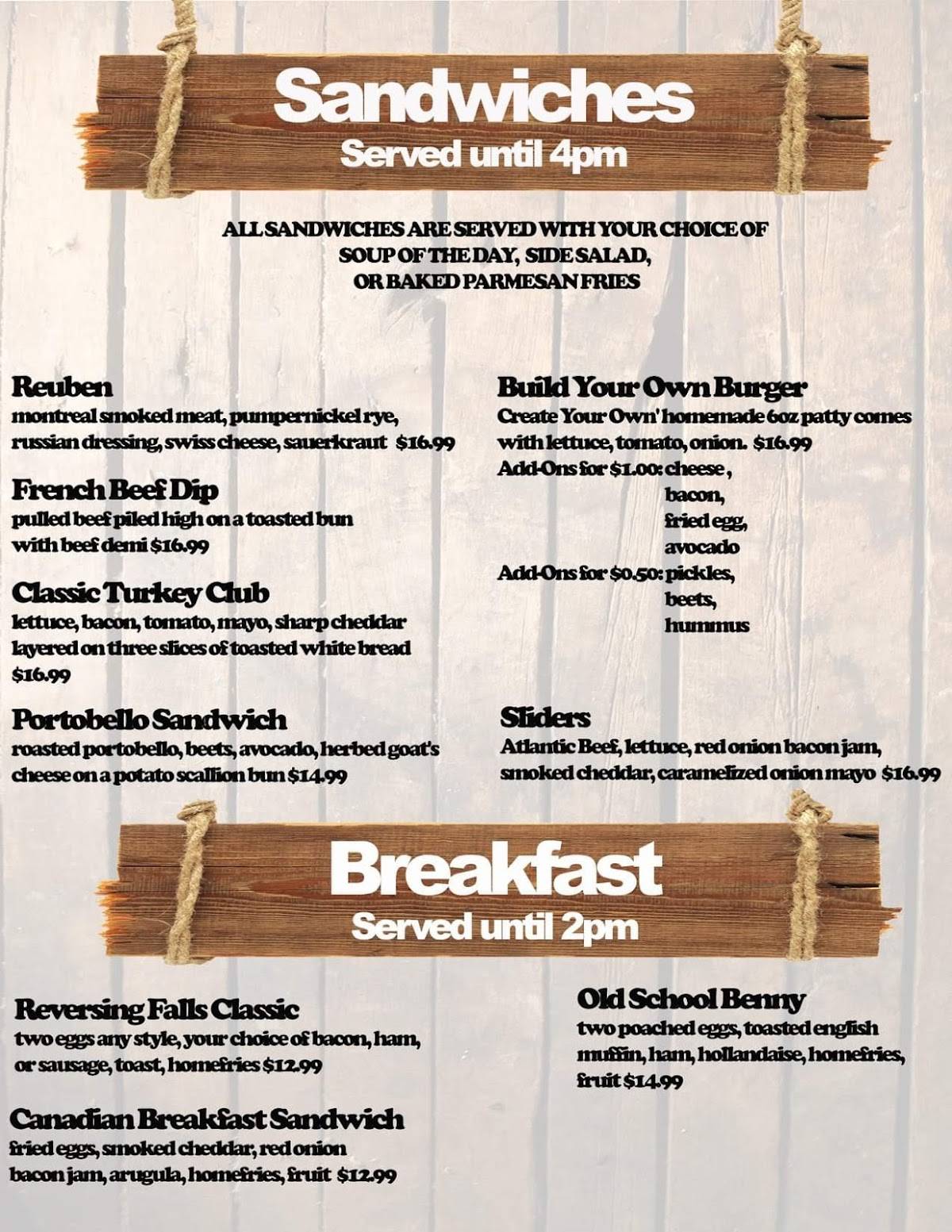 Menu at Reversing Falls Restaurant, Saint John Visitor Centre, Saint John