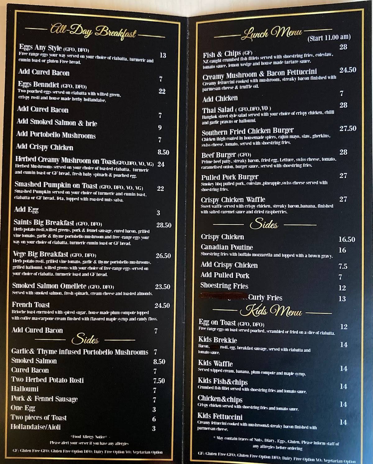 Menu at Saints Public House Cafe, Te Kowhai