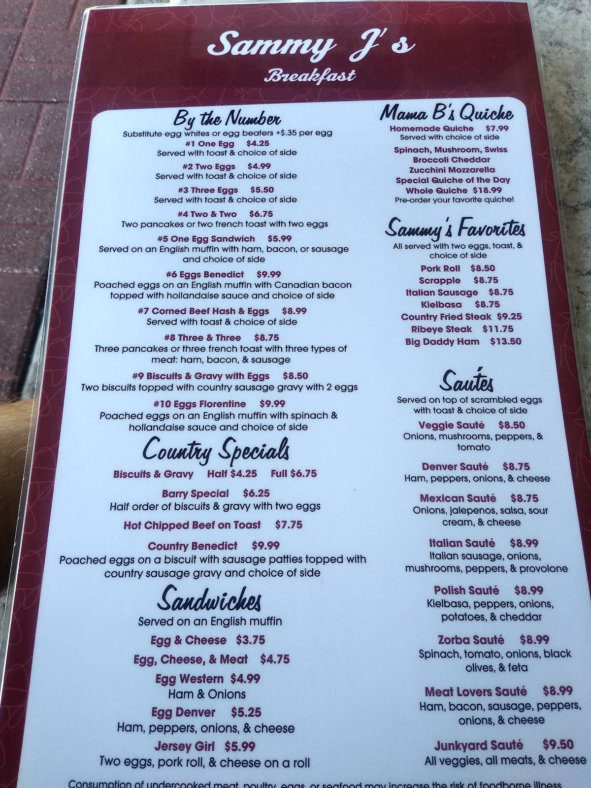 Menu at Sammy J's restaurant, Stuart