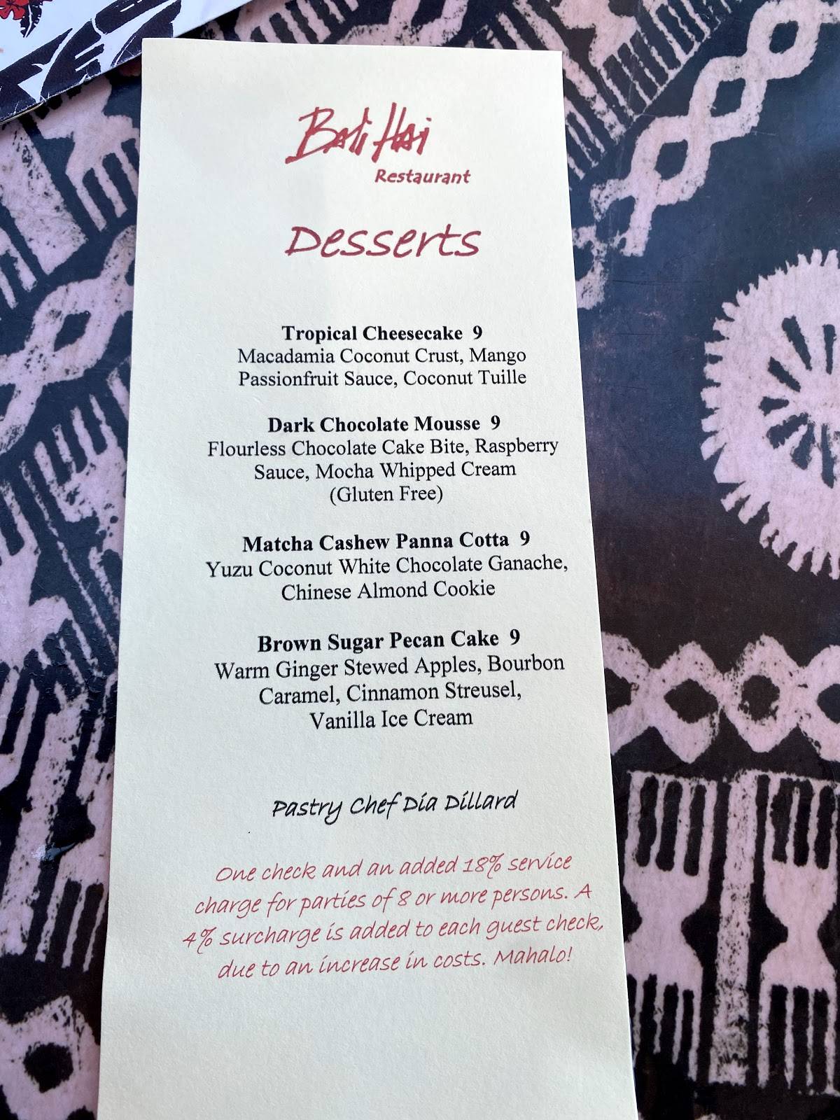 Menu at Bali Hai Restaurant, San Diego