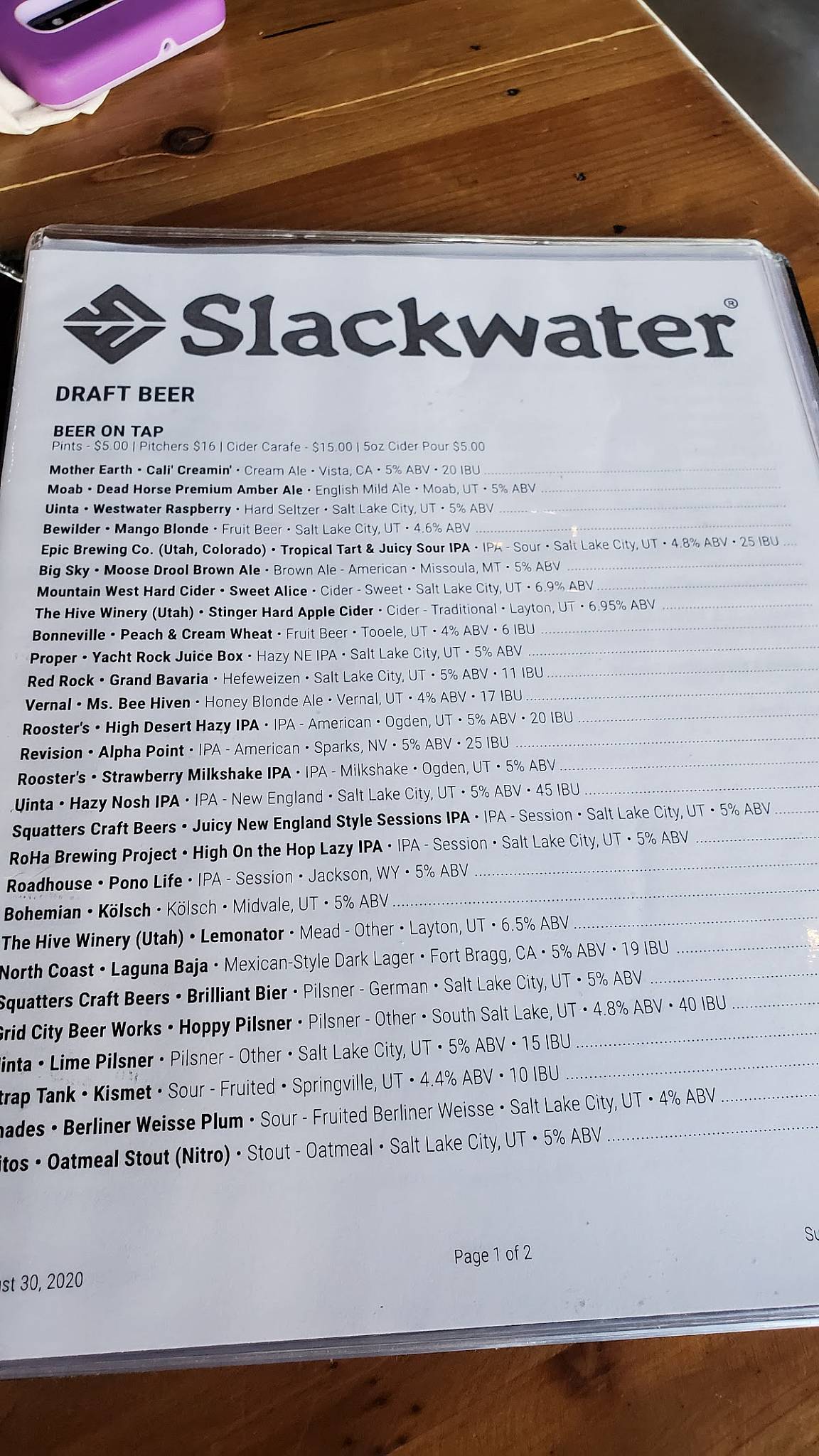Menu at Slackwater Sandy pub & bar, Sandy