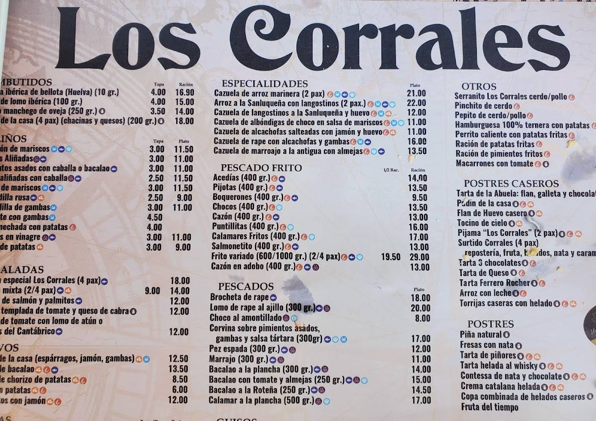 Carta de Restaurante Los Corrales, Sanlúcar de Barrameda, Av. Calzada ...