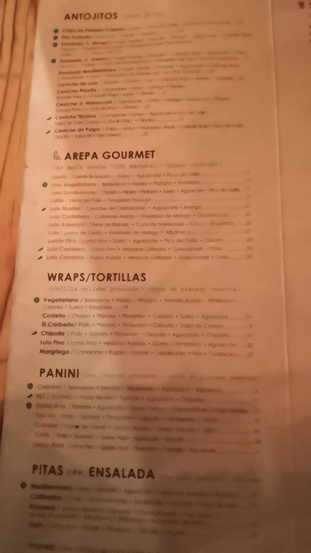 Carta de Lulo Café Bar, Santa Marta