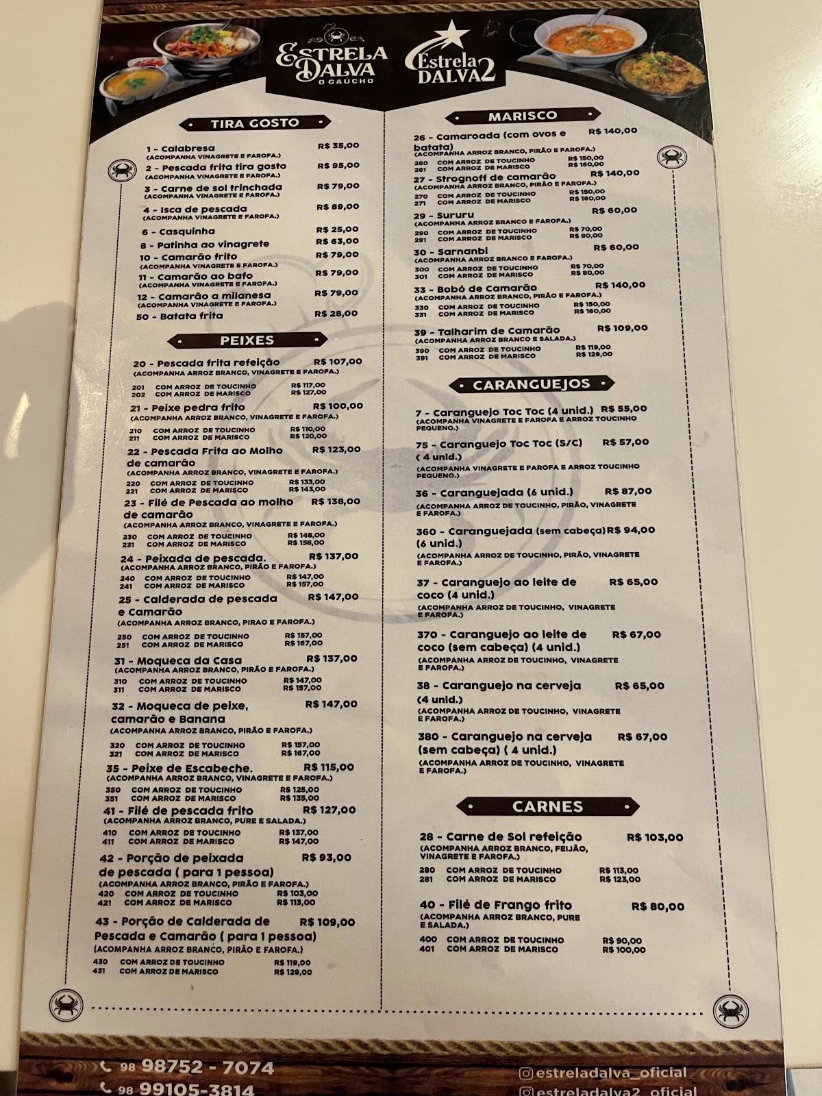 Menu em Bar Estrela Dalva O Gaúcho, São Luís