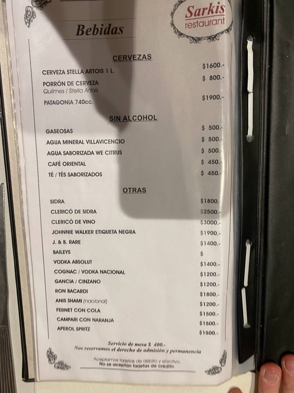 Carta del restaurante Sarkis, Buenos Aires