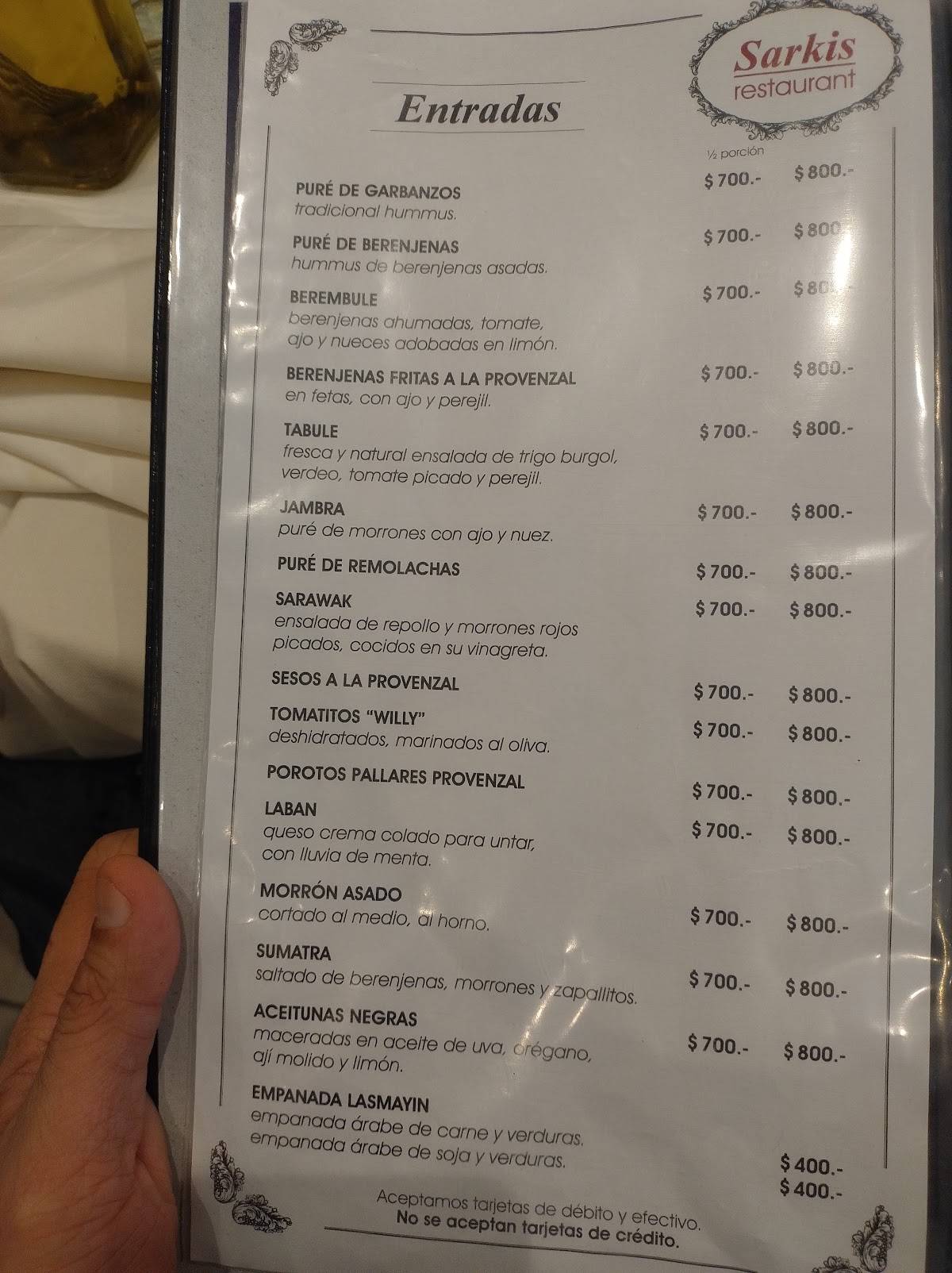 Carta del restaurante Sarkis, Buenos Aires