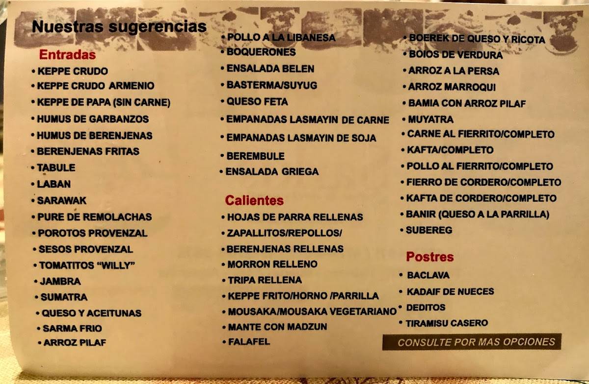 Carta del restaurante Sarkis, Buenos Aires