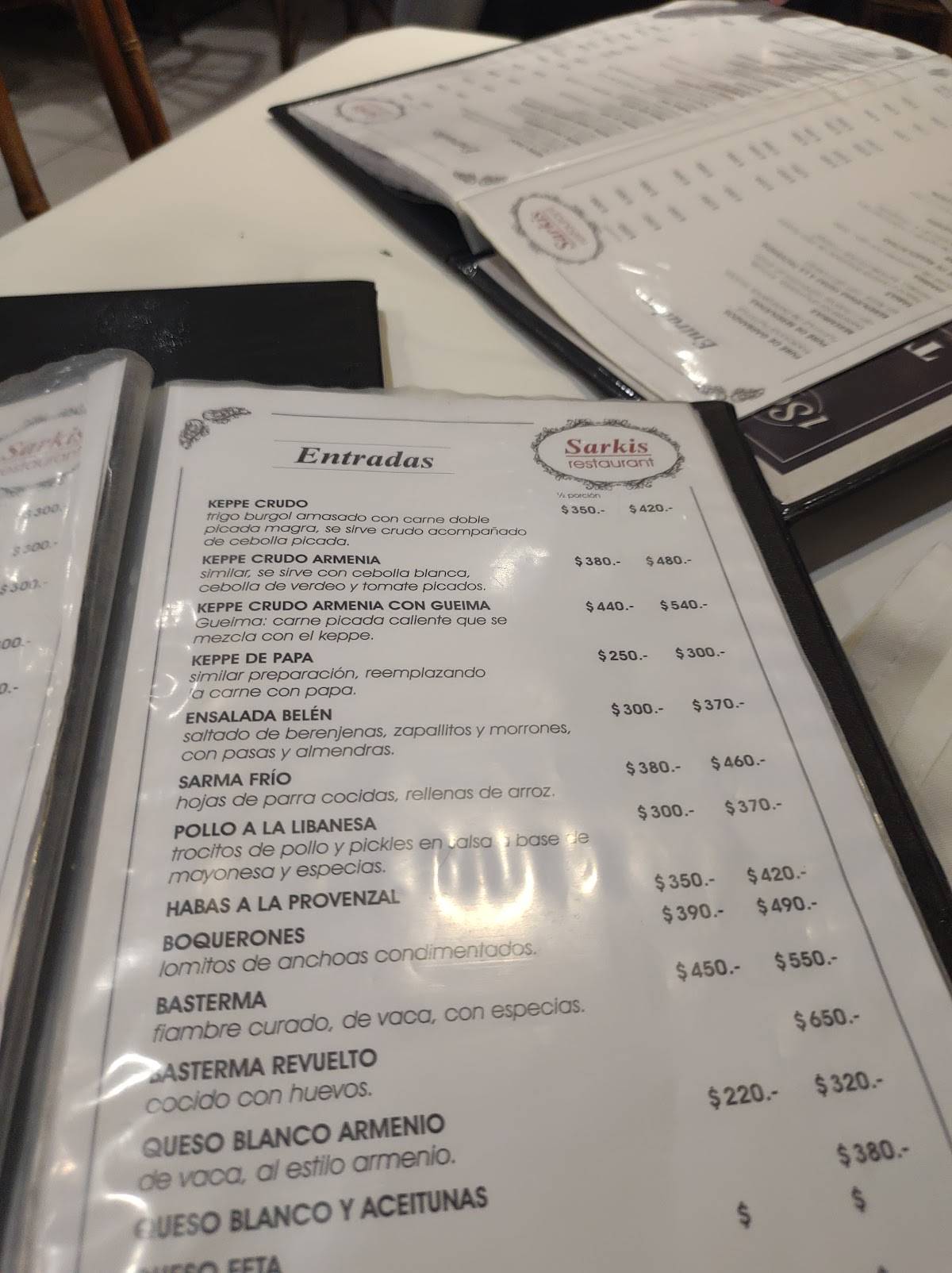 Carta del restaurante Sarkis, Buenos Aires
