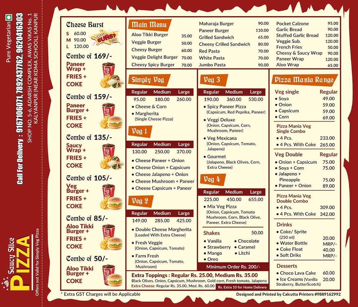 Menu at Saucy slice pizza, Kanpur, LIG 139 chetanya vihar