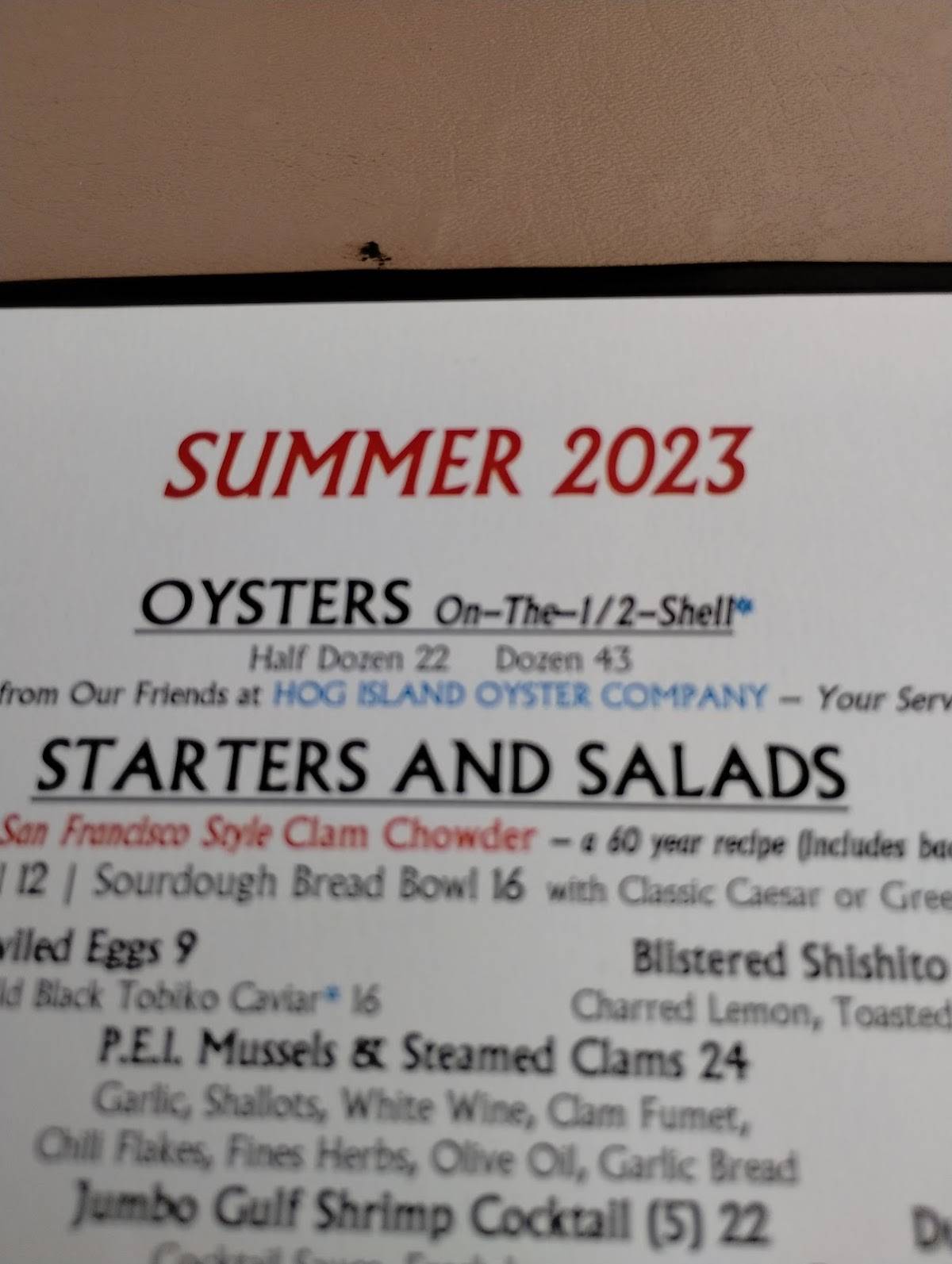 Menu at The Trident restaurant, Sausalito
