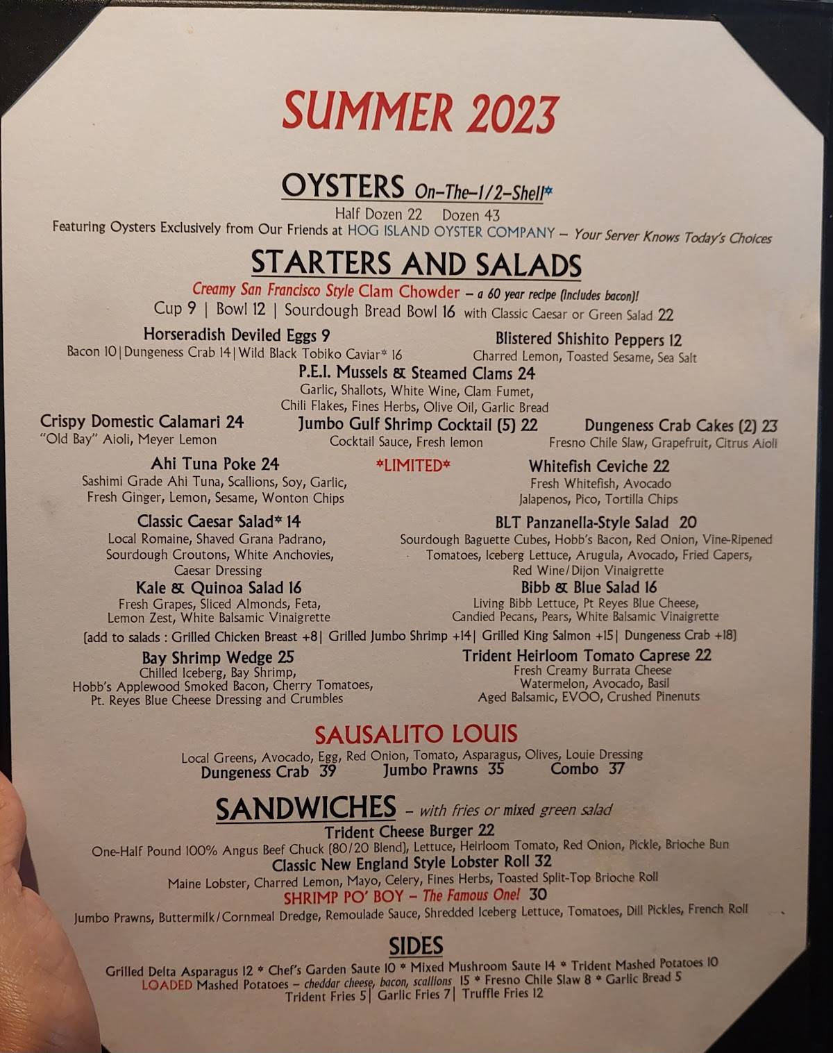 Menu at The Trident restaurant, Sausalito