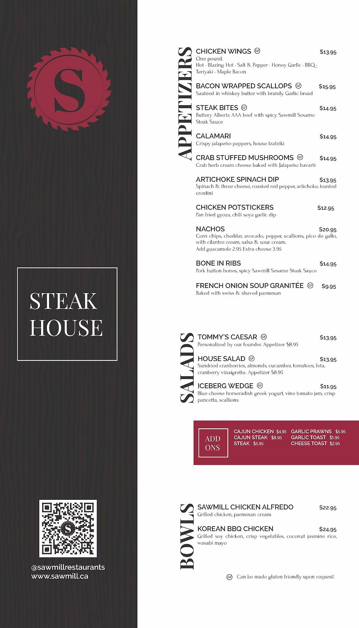 Menu at Sawmill Prime Rib & Steak House Leduc steakhouse, Leduc