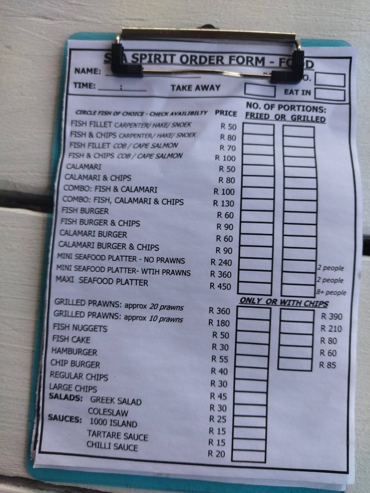 Menu at Sea Spirit Fish Market Restaurant, East London
