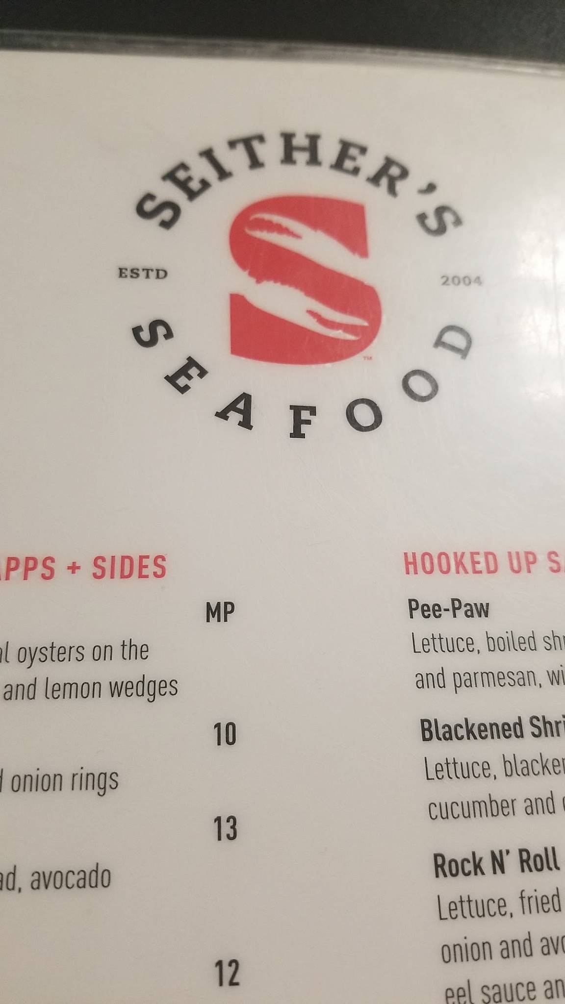 Menu at Seithers Seafood restaurant, Harahan