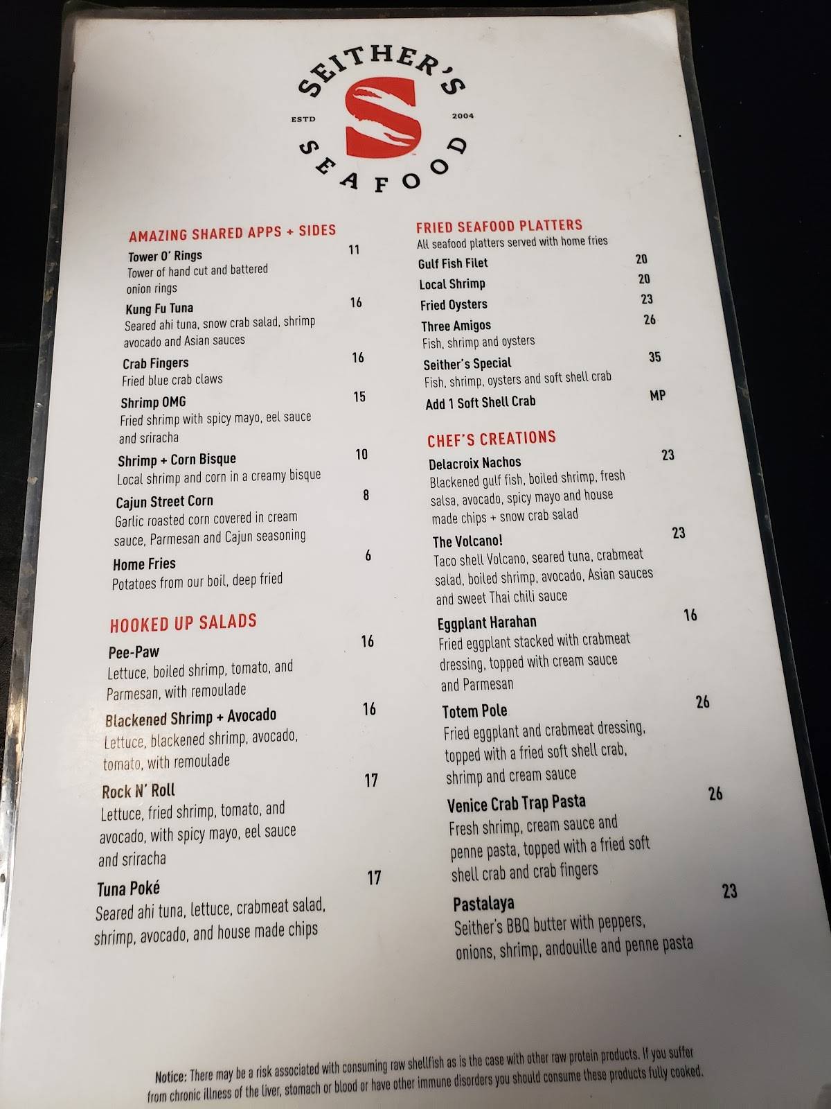 Menu at Seithers Seafood restaurant, Harahan