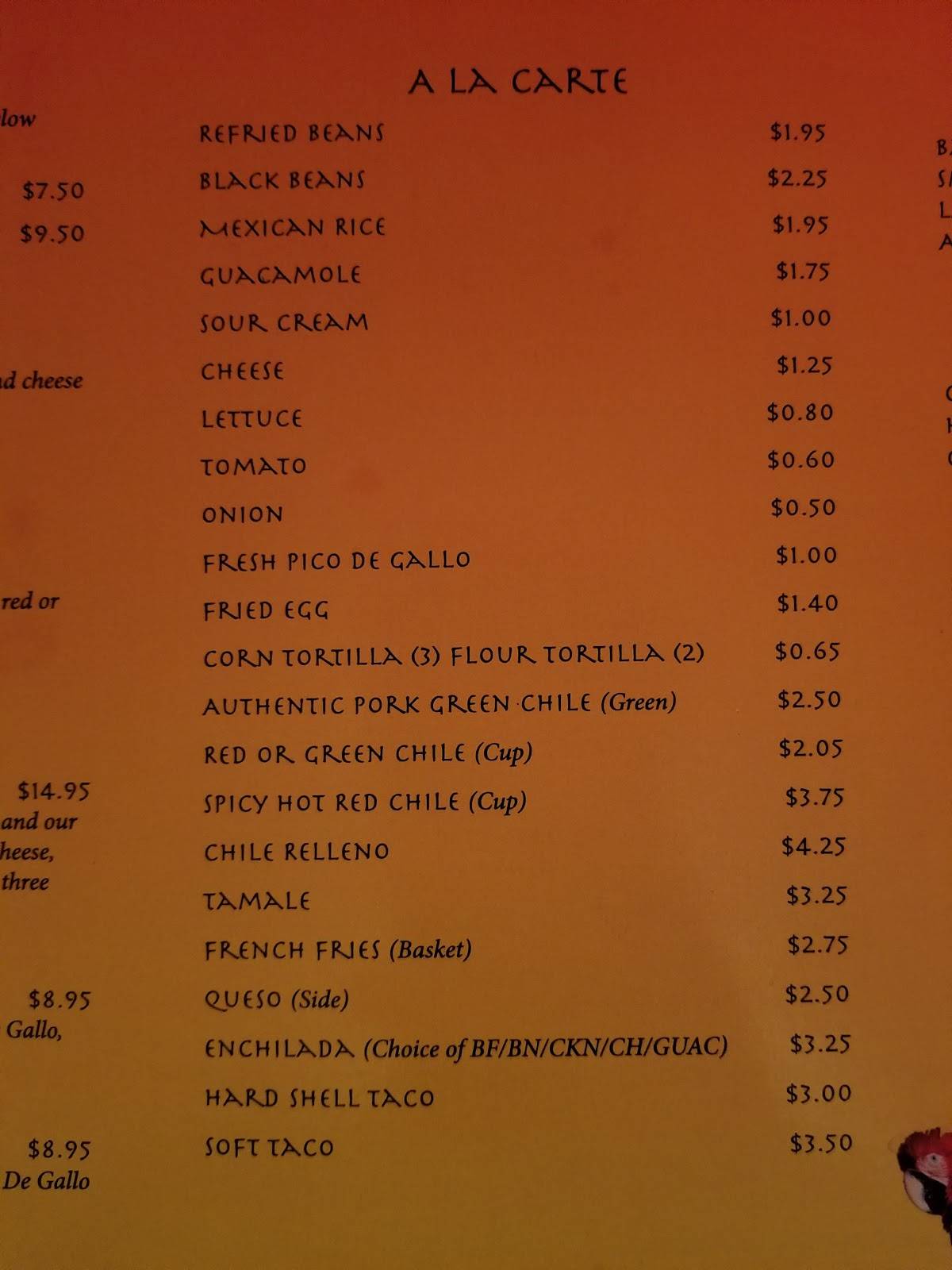 Menu at Senor Rafael at the Mexican Inn restaurant, Loveland