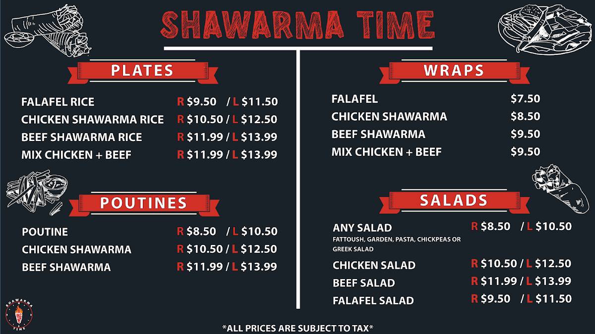 Menu au Shawarma Time restaurant, Hamilton