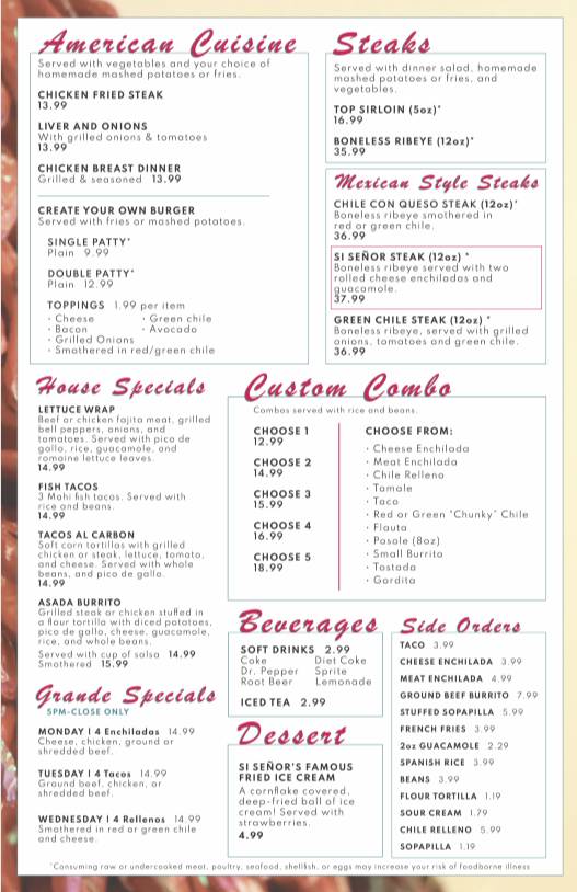 Menu at Si Señor Restaurant, Farmington