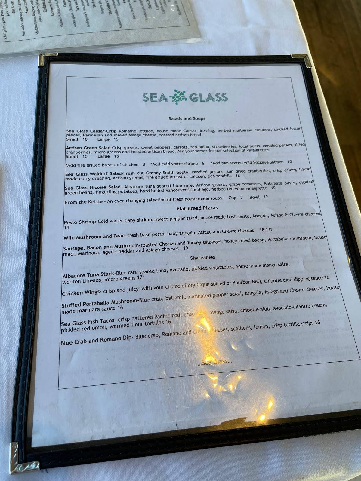 Menu at Sea Glass Waterfront Grill restaurant, Sidney