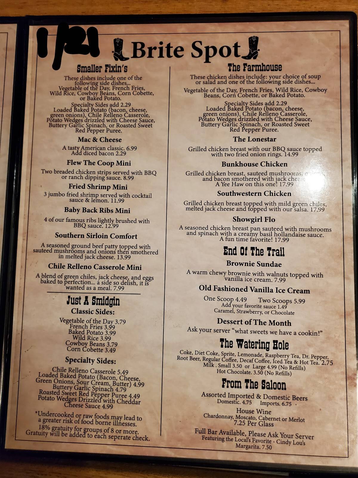 Menu at Brite Spot steakhouse, Sierra Vista Southeast, AZ-92